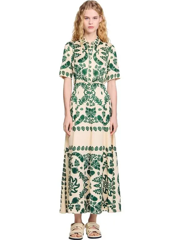 Sandro Floral Print Maxi Dress - Ecru / Green