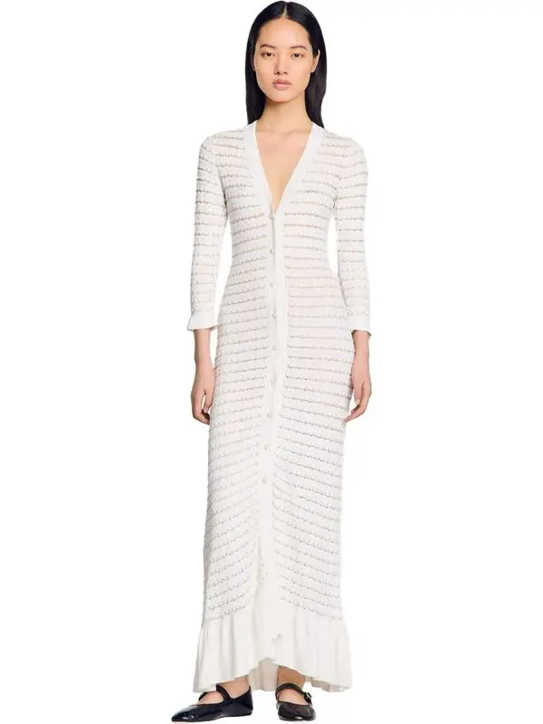 Sandro Pointelle Knit Maxi Dress With Pearlescent Buttons - Ecru