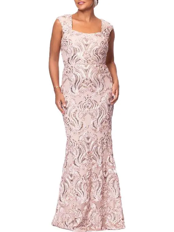XSCAPE EVENINGS Sequin Floral Appliqué Sheath Gown - Sand