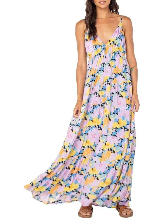 Roxy Honolulu Glow Floral Tiered Maxi Dress - Anthracite/lilac