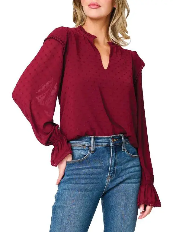 GIBSONLOOK Holly Swiss Dot Ruffle Top - Wine