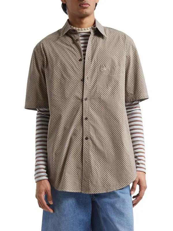ERL Microplaid Longline Organic Cotton Button-up Shirt - Brown