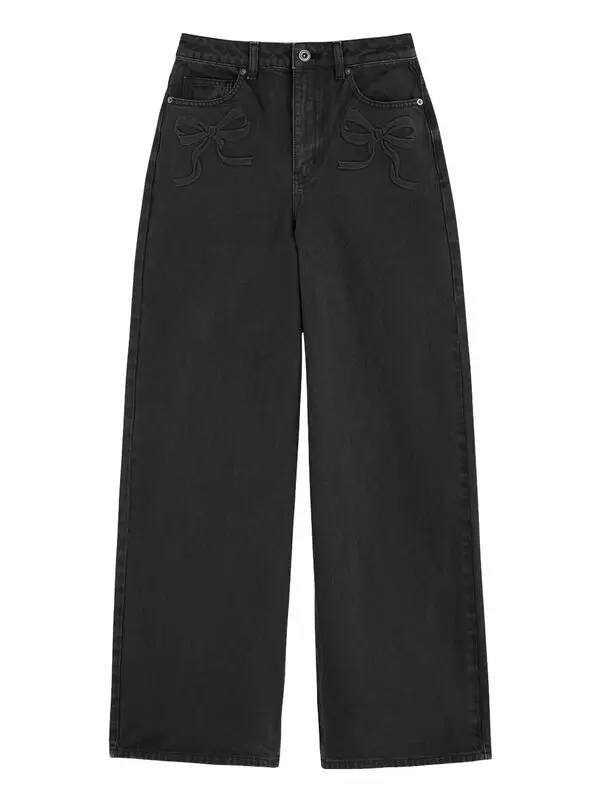 SELF-PORTRAIT Bow-embossed Wide-leg Jeans - Denim
