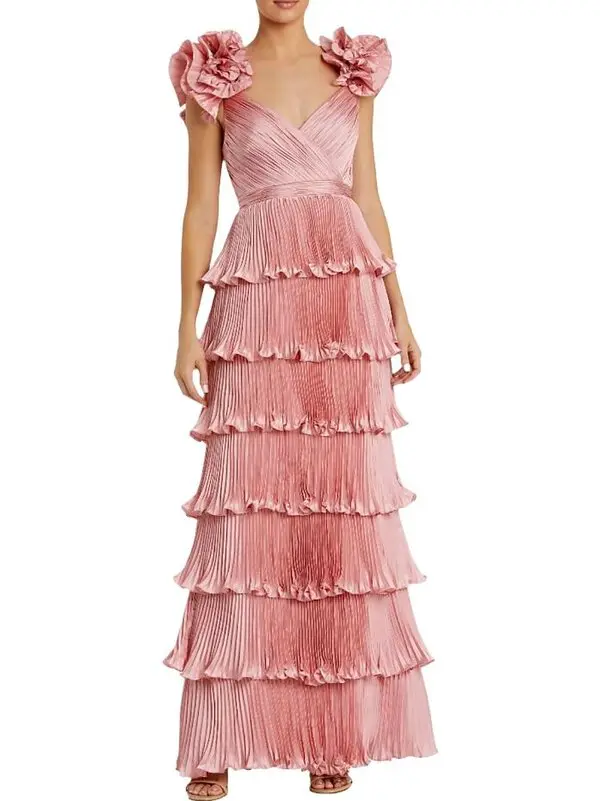 Mac Duggal Pleated Charmeuse Tiered Gown - Rose