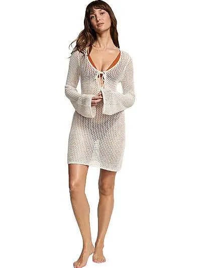 Victoria's Secret Swim Beachwear Crochet Long-sleeve Mini Dress - Beige