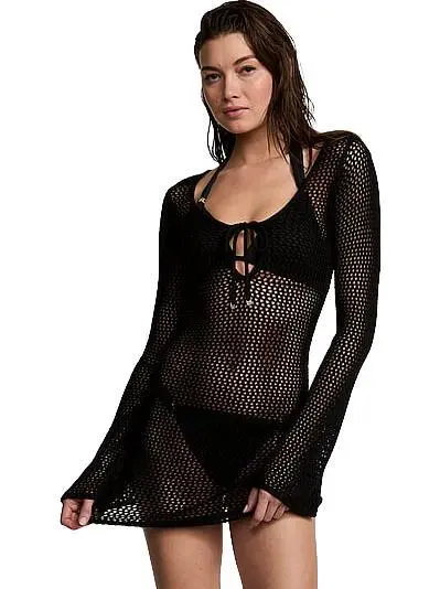 Victoria's Secret Swim Beachwear Crochet Long-sleeve Mini Dress - Black