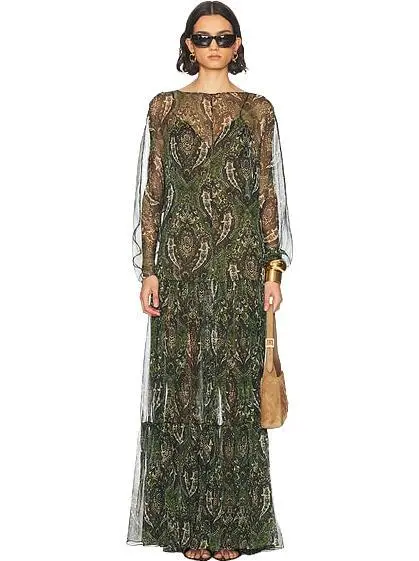 Saint Laurent Long Sleeve Maxi Dress - Vert Multico