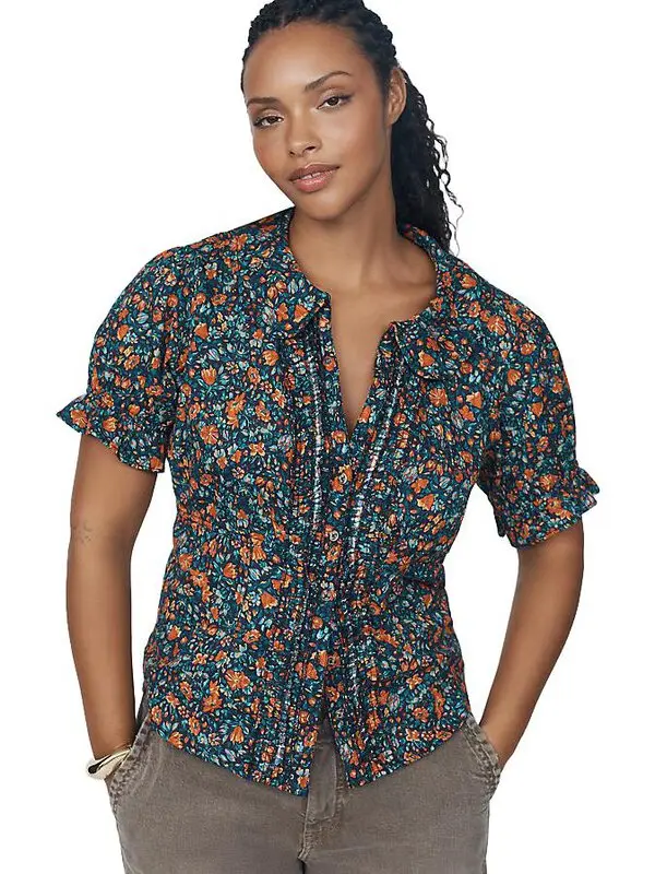 PILCRO Keira Waisted Tuxedo Blouse - Black Pattern