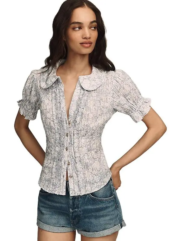 PILCRO Keira Waisted Tuxedo-front Blouse - Blue Pattern