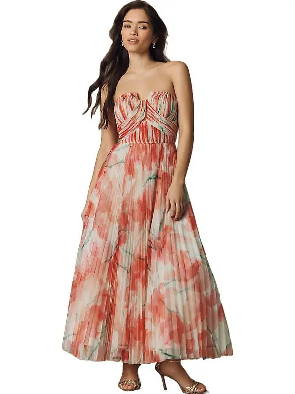 HUTCH Corene Strapless Floral Tulle A-line Midi Dress - Red Floral