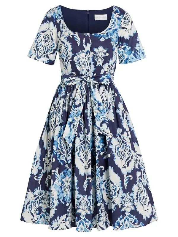 MIKAEL AGHAL Belted Printed Cotton-poplin Midi Dress - Navy