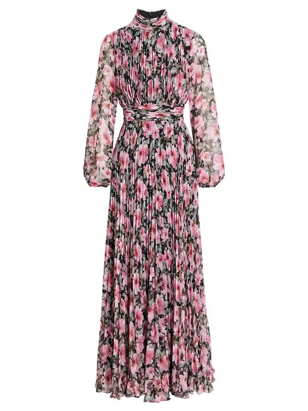 MIKAEL AGHAL Floral-print Plissé Chiffon Maxi Dress With Cutout - Black