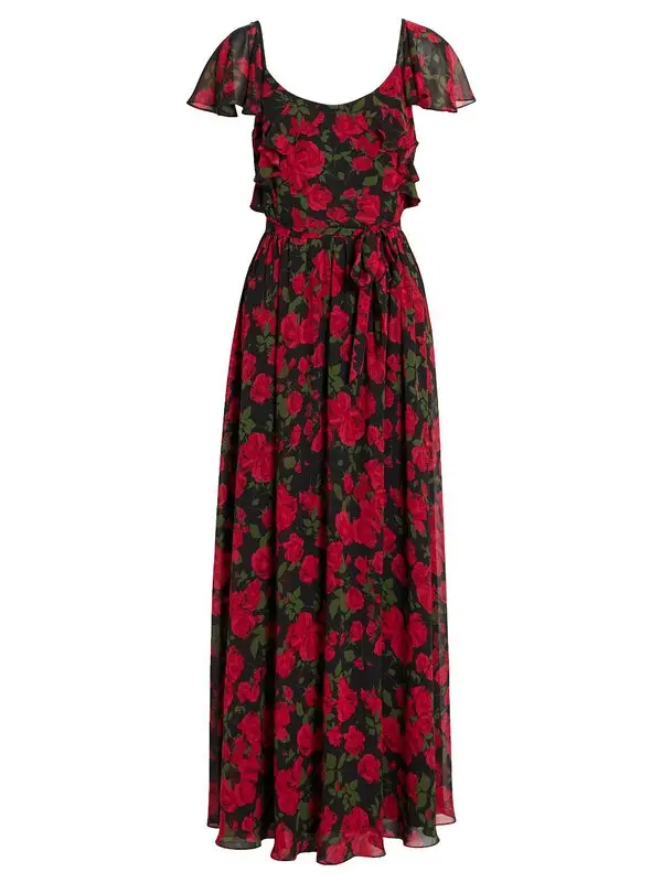 MIKAEL AGHAL Ruffled Floral-print Chiffon Maxi Dress - Red