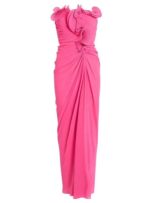 Badgley Mischka Strapless Ruffled Chiffon Gown - Pink