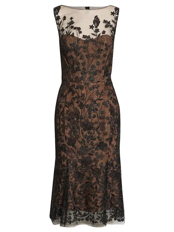 Marchesa Embroidered Tulle Midi Dress - Black
