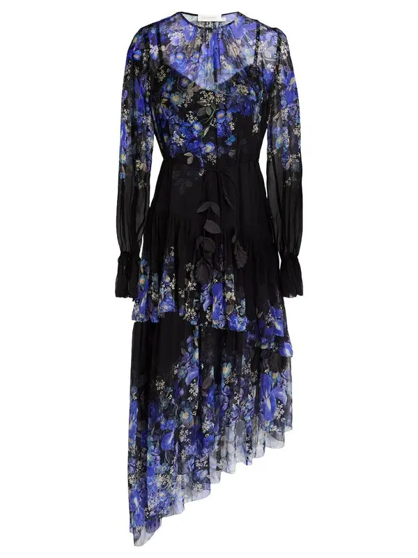 Zimmermann Tiered Floral-print Silk-crepon Midi Dress - Black