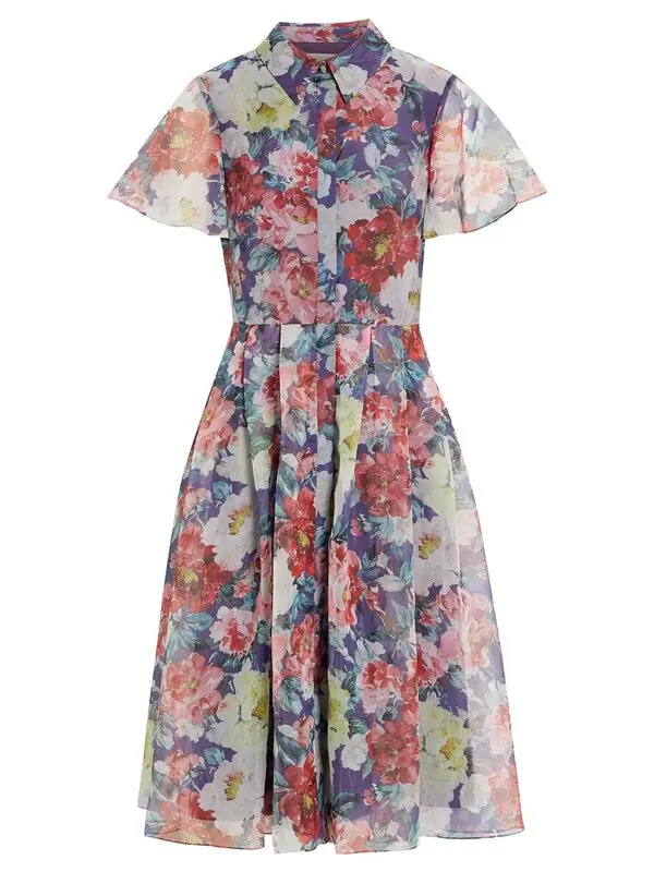 MIKAEL AGHAL Pleated Floral-print Habotai Shirt Dress - Indigo