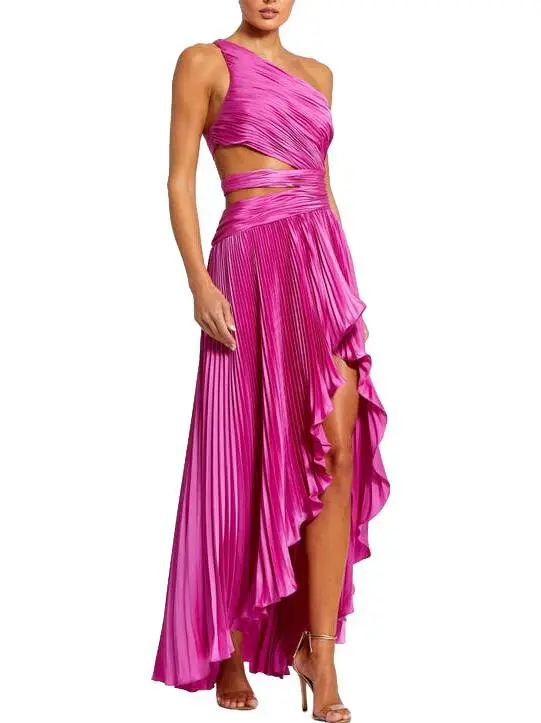 Mac Duggal One-shoulder Pleated Charmeuse Gown With Slit - Fuchsia