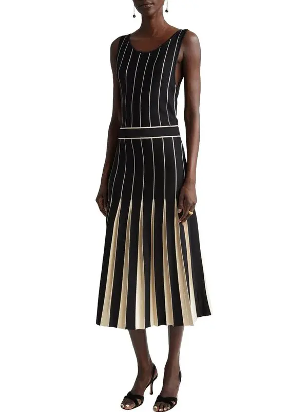 St. John Two-tone Pleated Knit Dress - Black/ Willow