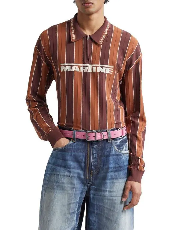Martine Rose Logo Jacquard Stripe Long Sleeve Zip Polo - Brown