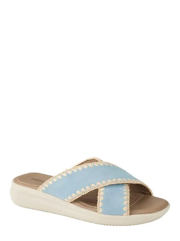 BARETRAPS Dolinda Raffia Trimmed Slides - Sea Glass Blue Suede