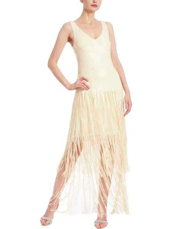 Badgley Mischka Mixed Media Fringe Cocktail Dress - Buttercream