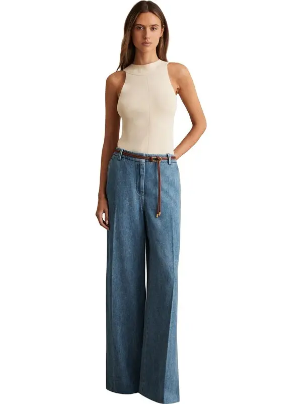 REISS Reed Petite Denim-look Wide-leg Trousers - Mid Blue