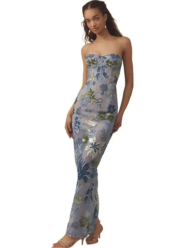 BRONX AND BRONCO Strapless Stretch Sequin Dahlia Maxi Dress - Baby Blue Multi