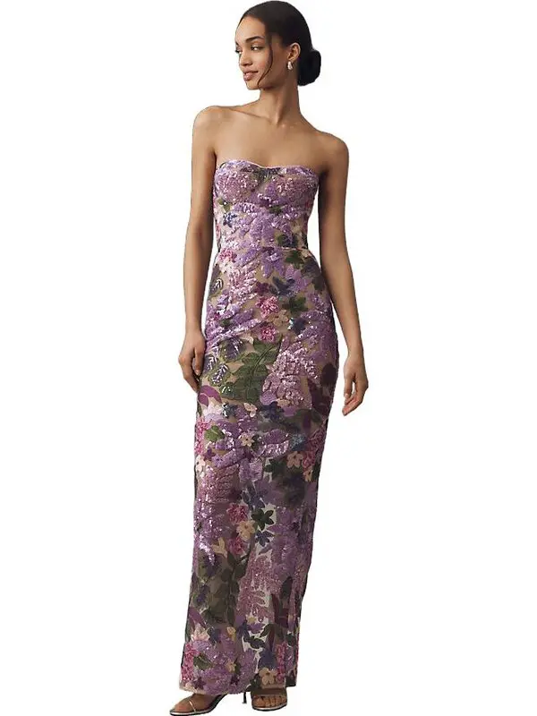 BRONX AND BRONCO Strapless Sequin Dahlia Maxi Dress - Lilac Multi