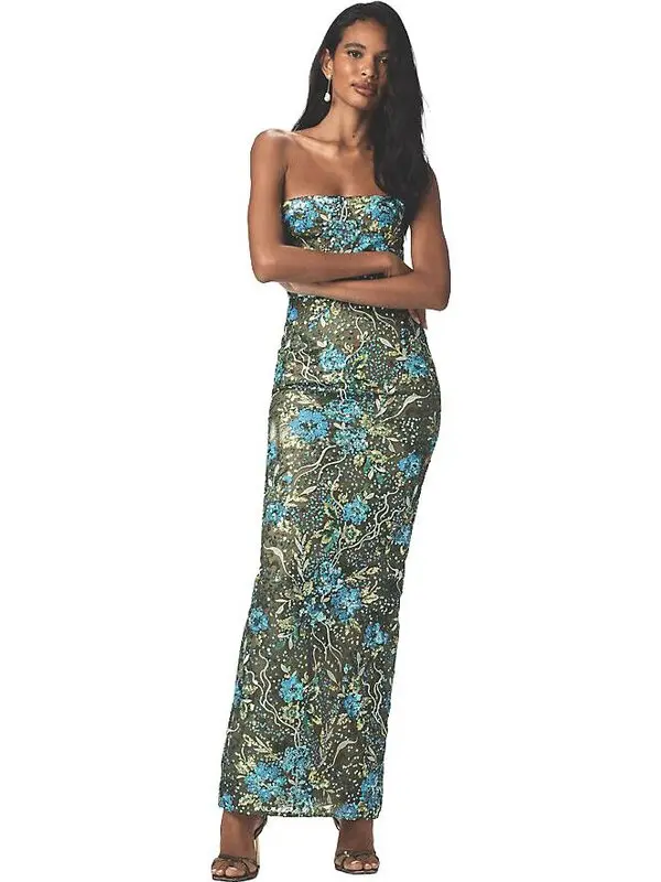 BRONX AND BRONCO Strapless Stretch Sequin Dahlia Maxi Dress - Teal Multi