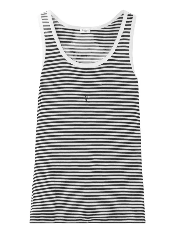 Saint Laurent Embroidered Striped Cotton Tank - Black