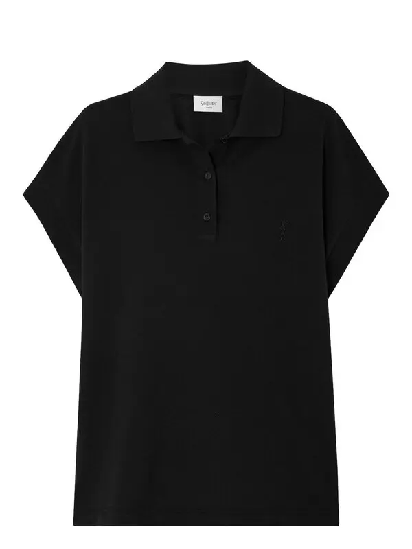 Saint Laurent Embroidered Cotton-blend Piqué Polo Shirt - Black