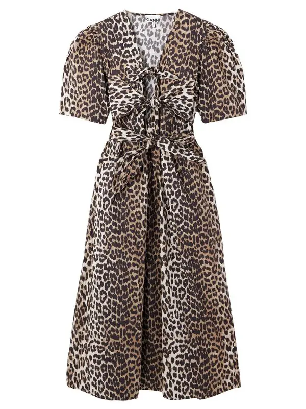 GANNI Belted Bow-embellished Leopard-print Midi Dress - Animal Print