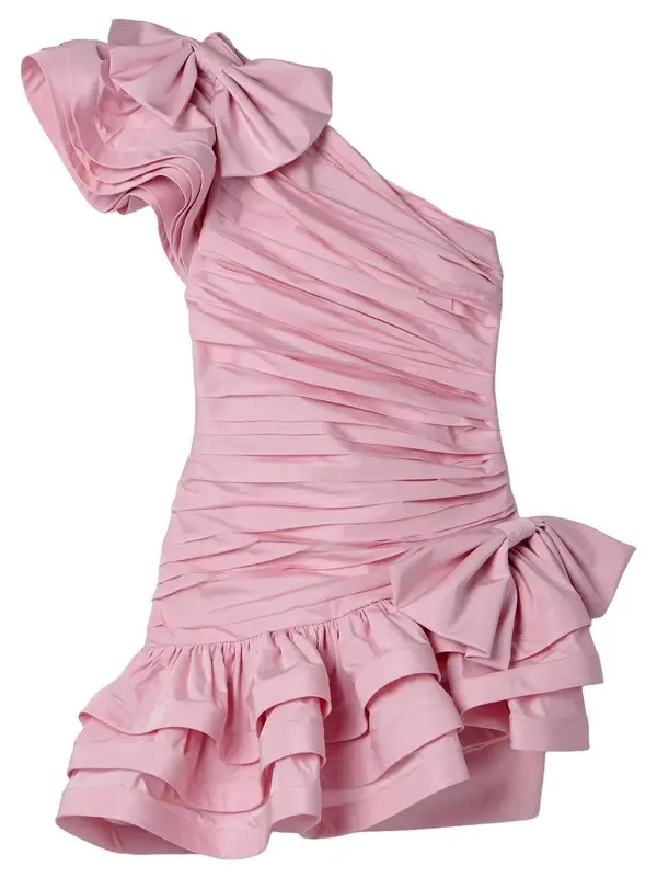 Alessandra Rich One-shoulder Bow-embellished Ruched Taffeta Mini Dress - Pink