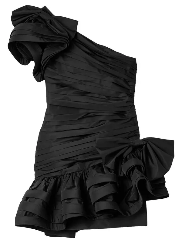 Alessandra Rich One-shoulder Bow-embellished Ruched Taffeta Mini Dress - Black