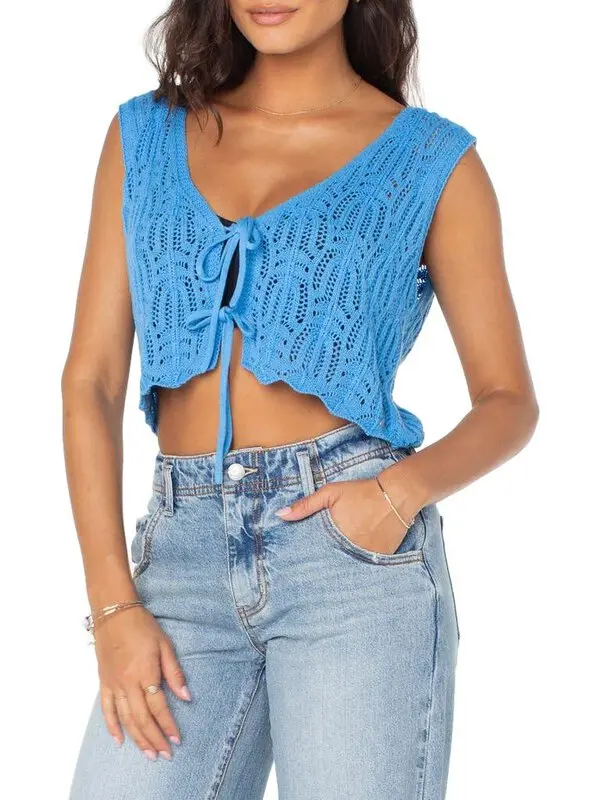 Roxy Beach Bound Cotton Crop Sweater Vest - Azure Blue Solid