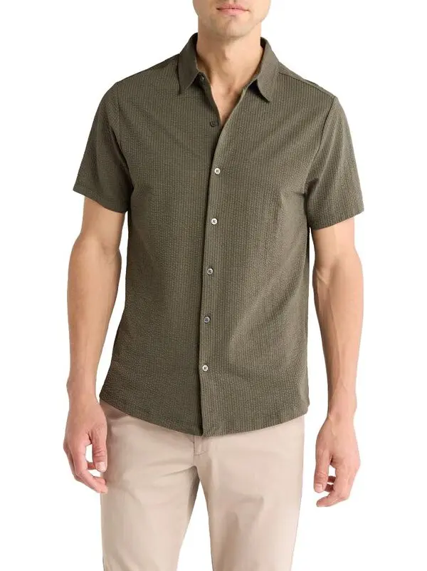 Robert Barakett Manny Short Sleeve Knit Button-up Shirt - Dark Olive