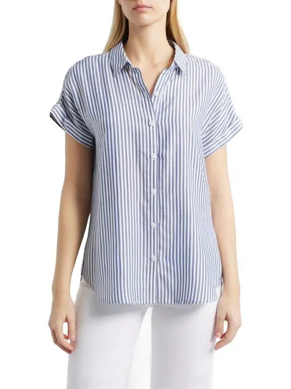 BEACHLUNCHLOUNGE Kenzie Stripe Short Sleeve Shirt - Majestic Blue