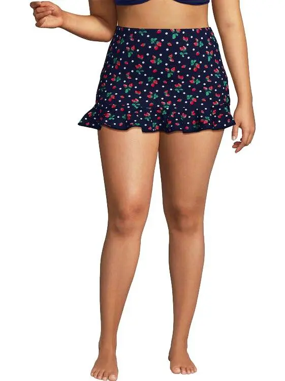 LANDS' END Ruffle Hem Mini Swim Skirt - Navy/berry Dot