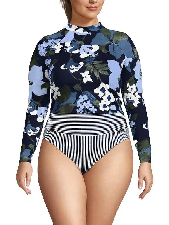 LANDS' END Long Sleeve Upf 50 Rash Guard - Deep Sea Navy Lilies