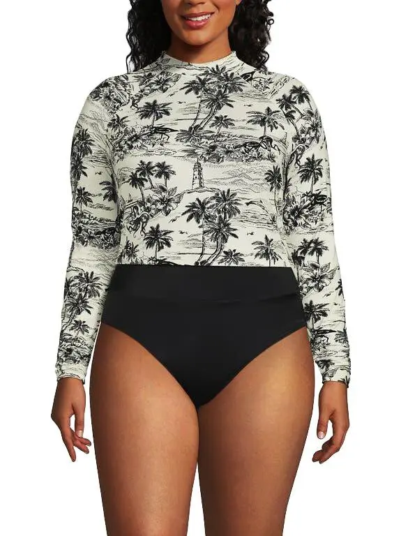 LANDS' END Long Sleeve Upf 50 Sun Protection Rash Guard - Egret White Tropical Scene