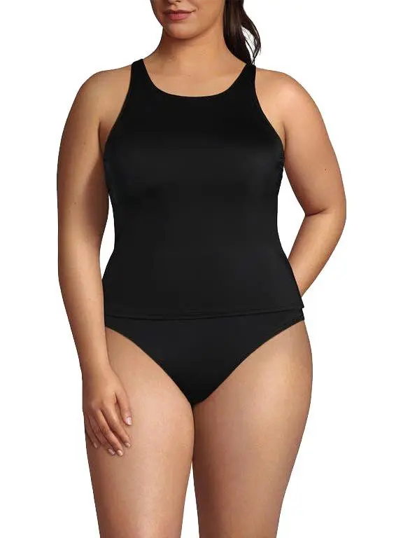 LANDS' END Tugless High Neck Strappy Back Tankini Swimsuit Top - Black