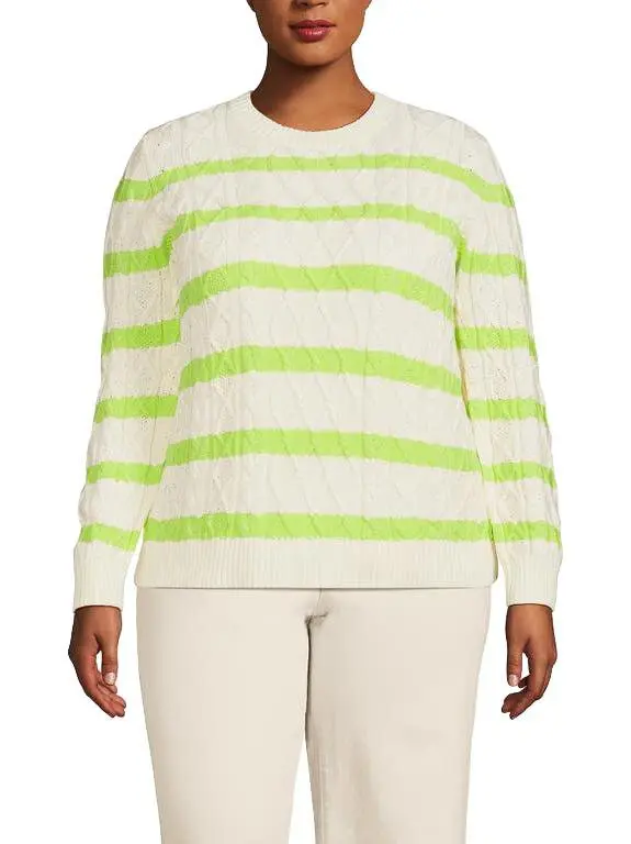 LANDS' END Cotton Drifter Crew Cable Pullover Sweater - Ivory/limoncello Gulf Stripe