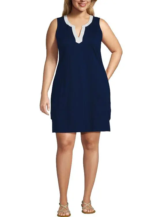 LANDS' END Cotton Jersey Notch Neck Dress - Deep Sea Navy/white