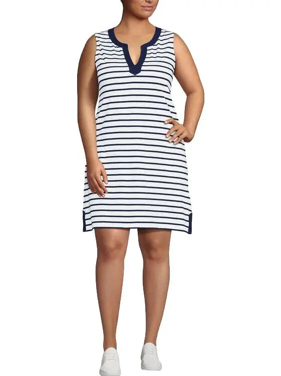 LANDS' END Cotton Jersey Notch Neck Dress - Navy/white Breton Stripe