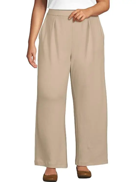 LANDS' END Knit High Rise Pleated Wide Leg Pants - Champagne