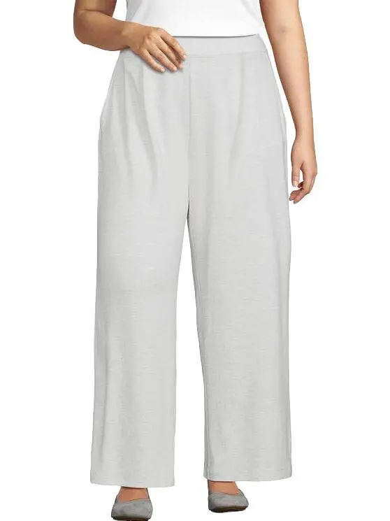 LANDS' END Knit High Rise Pleated Wide Leg Pants - Soft Light Gray Heather