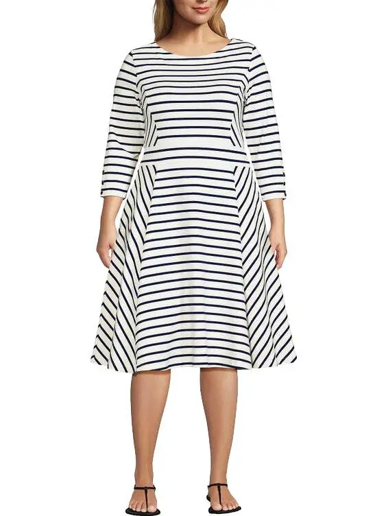 LANDS' END Starfish 3/4 Sleeve Midi Dress - Ivory/deep Sea Breton Stripe