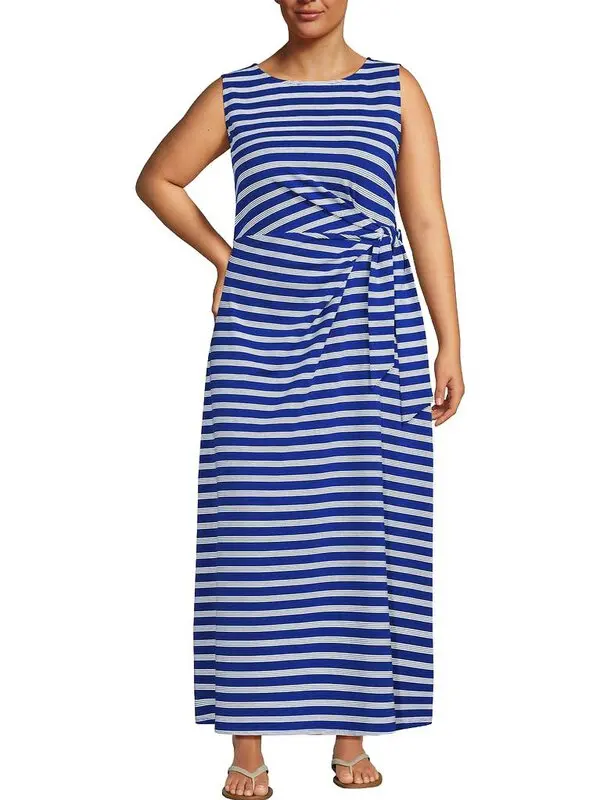 LANDS' END Cotton Modal Sleeveless Tie Waist Maxi Dress - Sapphire Gem Blue Quad Stripe