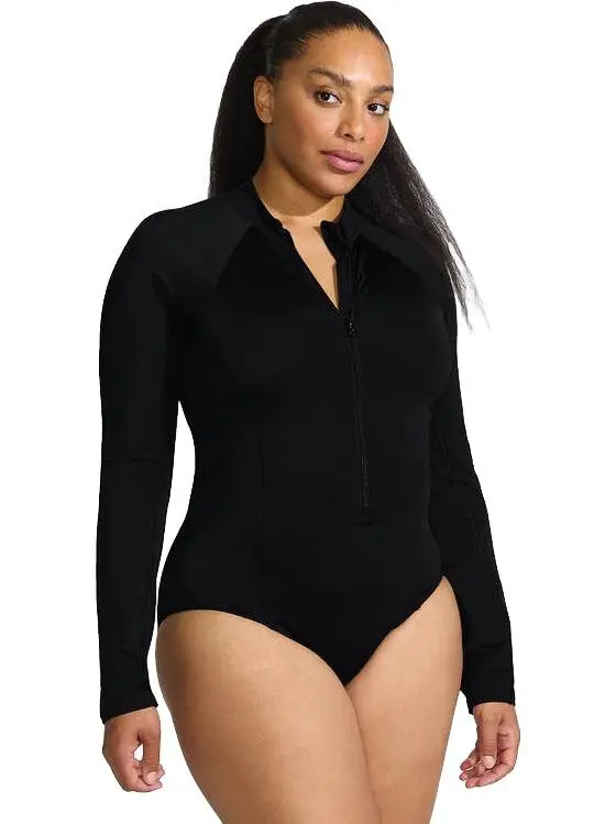 LANDS' END Floral Long-sleeve One-piece Rash Guard Swimsuit - Black